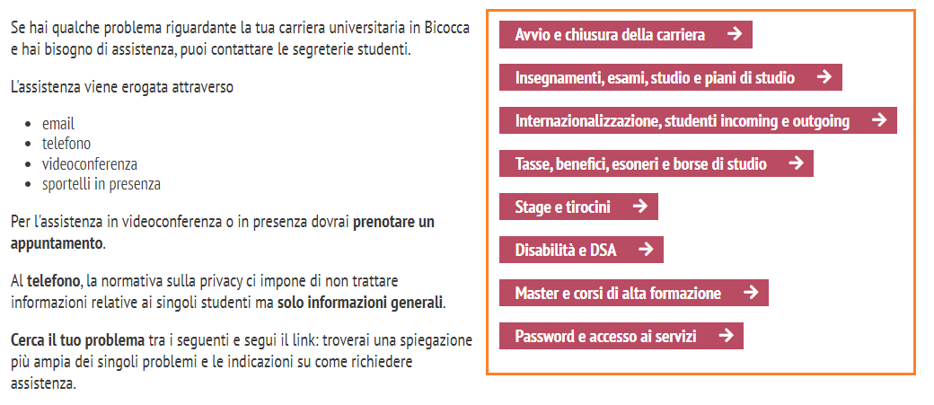 Segreterie, Sezione / Argomento: CONTATTI SEGRETERIE - INFORMAZIONI | e-Learning - UNIMIB